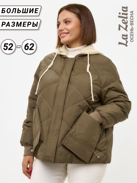 Куртка Женский La Zelia Капюшон хаки, коричневый Полиэстер, размер 56 Длинный Демисезон ...