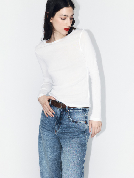 Лонгслив Женский Befree белый Длинный, размер 46 Трикотаж полуприлегающий Однотонный ...