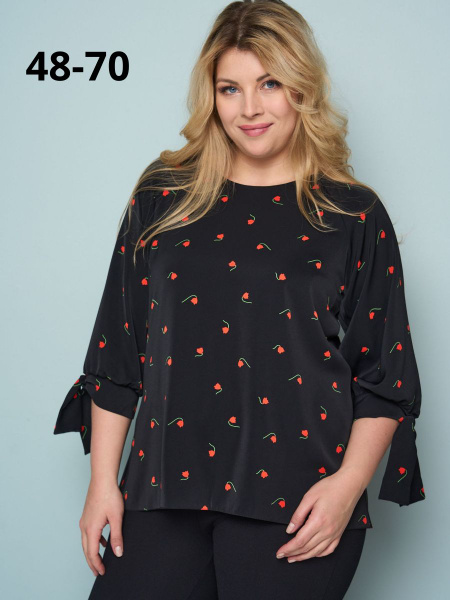Блузка Женский SPARADA черный Ленты декоративные Три четверти Цветочный, размер 60, 62 свободный ...