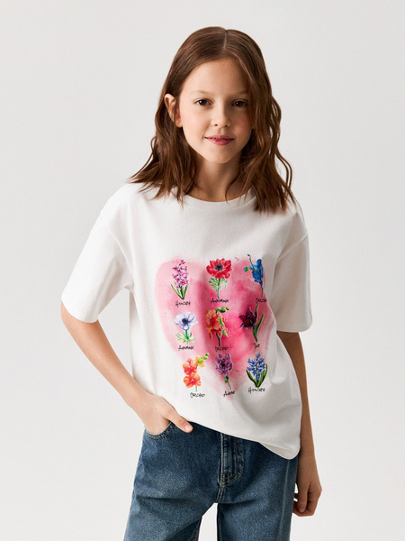 Футболка Девочки Acoola белый бриллиант Короткий, размер 134 Трикотаж, Хлопок Цветочный оверсайз ...