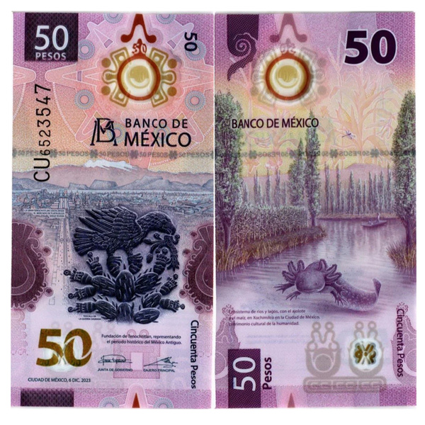 Банкнота Мексика 50 песо 2023 г., UNC, юбилейная, полимерная - "Основание Теночтитлана ...