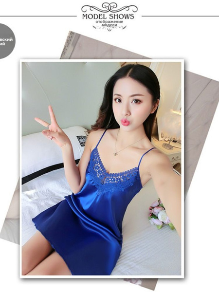 Ночная сорочка Женский Breathable, размер универсальный синий Бретельки Китай Кружево, рост 139 ...