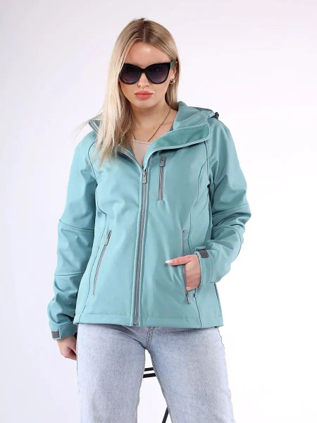 Куртка Женский СПОРТИВНАЯ ИДЕЯ зеленое стекло Softshell, размер 48 Демисезон прямой Россия ...