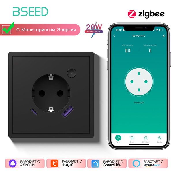 Характеристики Розетка с USB и Type-C 20W быстрой зарядкой, с функцией учета энергии, Zigbee ...