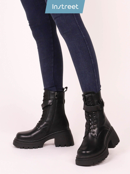 Ботильоны Женский Instreet черный, размер 38 Зима 4 Молния, Шнурки Толстый каблук Россия купить ...