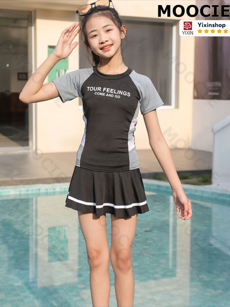 Купальник раздельный Девочки MOOCIE бюстье черный, размер 140, 150 Аквааэробика Высокая Китай ...