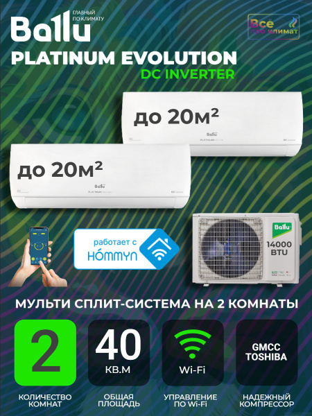 Инверторная мульти сплит-система Ballu Platinum Evolution на 2 комнаты BSUI-FM-07+07 HN8/EU ...