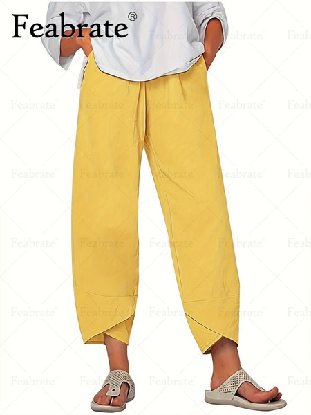 Бриджи Женский Feabrate желтый Хлопок, Лён Повседневный, размер 56 Эластичная Лето Китай ...