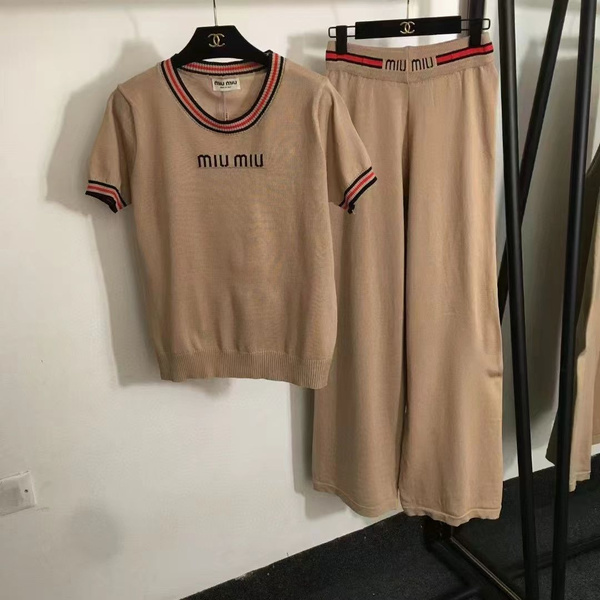 Комплект футболок Женский Miu Miu хаки Короткий размер 44 Полиэстер Полоска Логотип облегающий