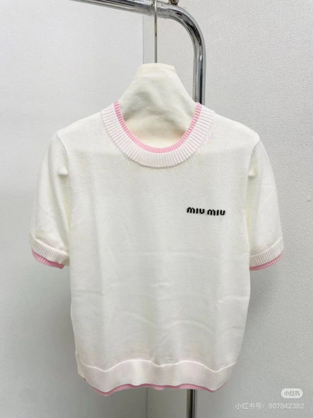 Футболка Женский Miu Miu бежевый Короткий размер 46 Полиэфирное волокно Надписи Орнамент