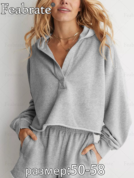 Худи Женский Feabrate светло-серый Другое Полиэстер, Вискозный шелк, размер 56, 58 свободный ...