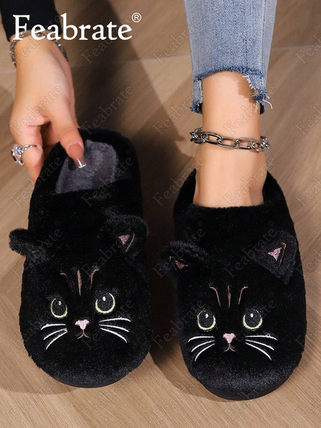 Тапочки Женский Feabrate, размер 40, 41 R (средняя) черный Круглый нос, Толстая подошва Зима ...