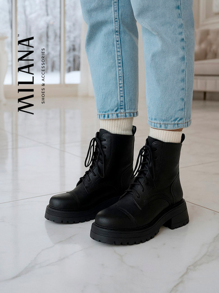Ботинки Женский Milana черный, размер 39 Зима 6 Шнурки, Молния Толстый каблук Россия купить c ...