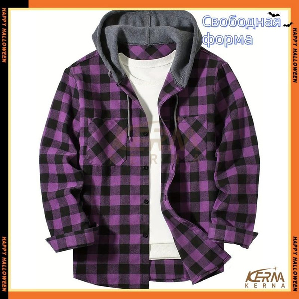 Рубашка Мужской KERNA фиолетовый Длинный Breathable Карманы, Люверсы Клетка, Геометрический ...