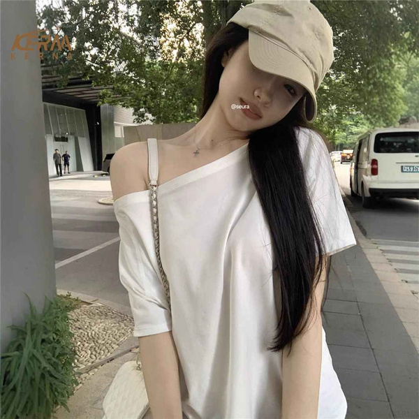 Футболка Женский KERNA белый Средний, размер 42 Хлопок Однотонный оверсайз Повседневный Китай ...