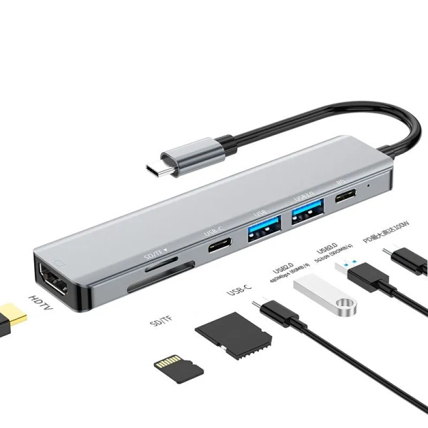 USB HUB 7в1. USB разветвитель, type c hdmi, док станция type c, usb хаб для macbook, SD Card, TF ...