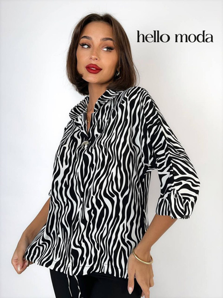 Блузка Женский HELLO MODA! черный матовый Полиэстер Три четверти Анималистический, размер 50 ...