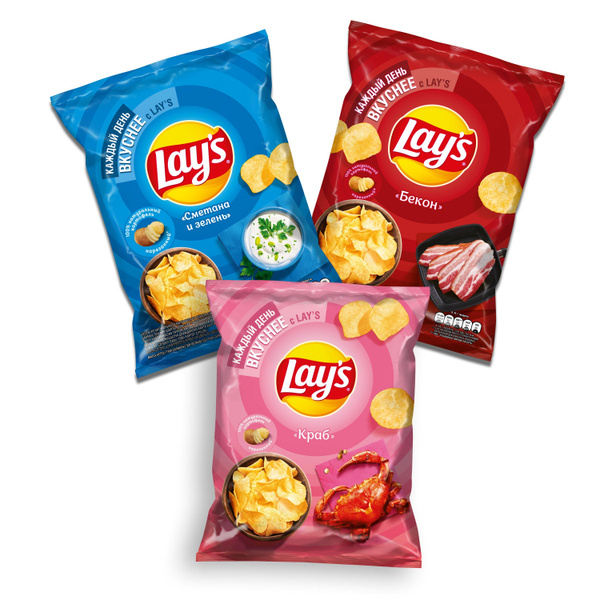 Чипсы картофельные Lay's Ассорти (Сметана и зелень, Бекон, Краб), 95 г x 24 шт - купить с ...