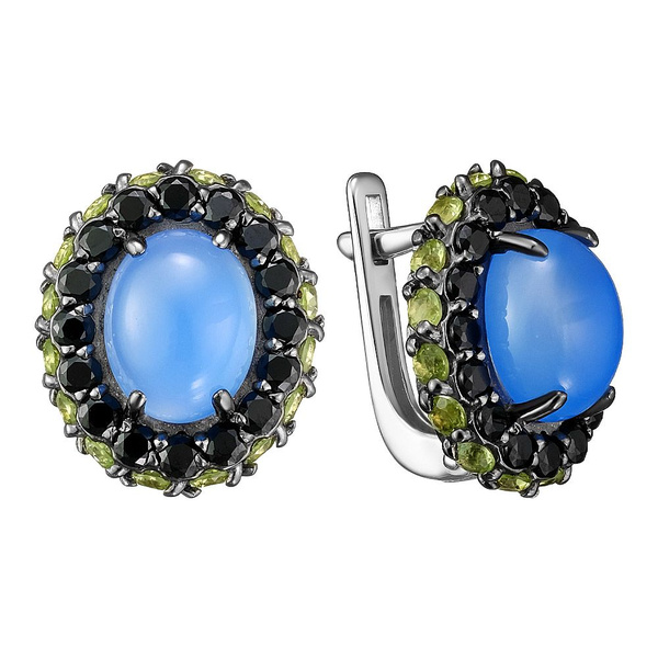 Серьги из родированного серебра 925 пробы с халцедонами, хризолитами ...