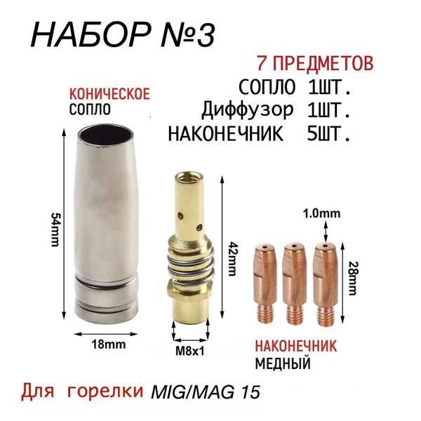 Набор № 3 "расходников" для сварочного полуавтомата MIG 15, сопло ...