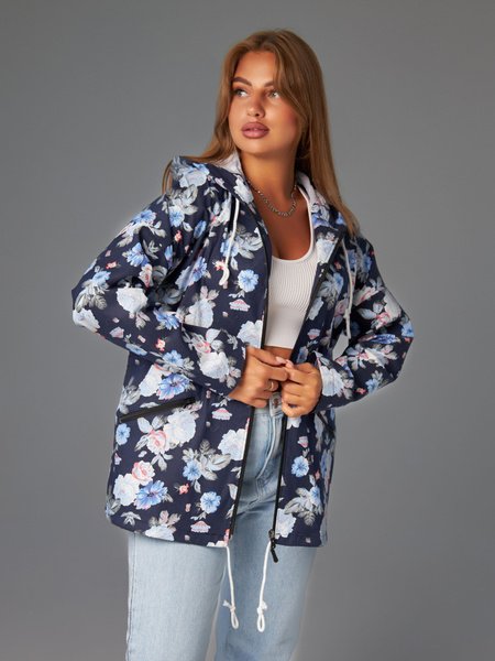 Ветровка Женский HELLO MODA! Капюшон, Карманы темно-синий, голубой Хлопок, Полиэстер, размер 46 ...