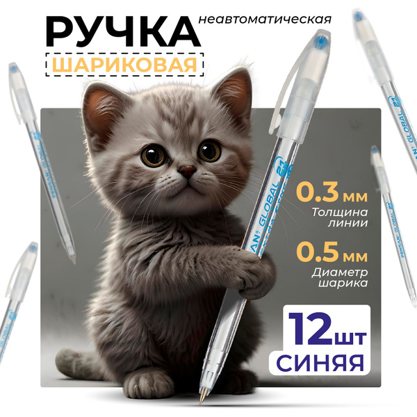Ручки шариковые Pensan, масляные, синие, линия 0,3 мм, набор 12 шт ...