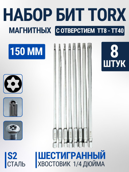 Набор магнитных бит TORX с отверстием (ТТ8-TТ40), 150 мм, шестигранный ...