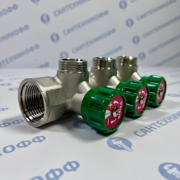 Коллектор VIEIR с регулировочными вентилями 1"х3/4", 3 выхода под евроконус, никель VR526-3 ...