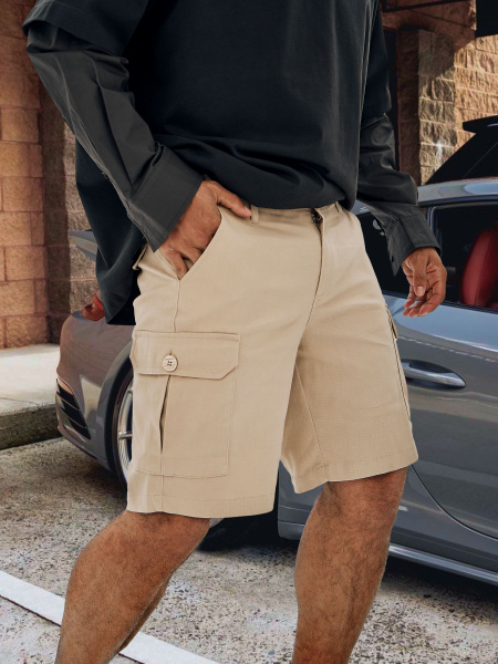 Шорты Мужской DLR&NN Повседневный бежевый, размер 46 Хлопок, Эластан Молния, Пуговицы Однотонный ...