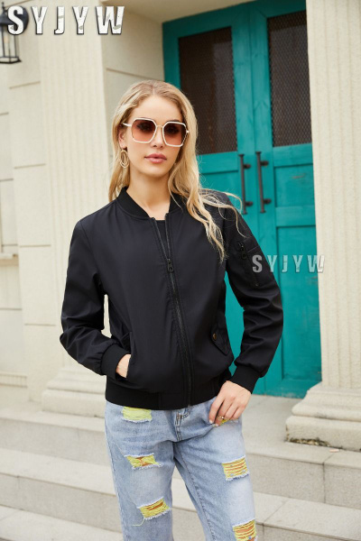 Бомбер Женский SYJYW Карманы черный Полиэфирный шелк, размер 46 Длинный На любой сезон оверсайз ...