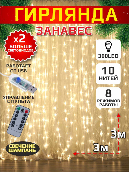 Новогодняя электрогирлянда штора, занавес 3*3м. - купить по выгодной ...
