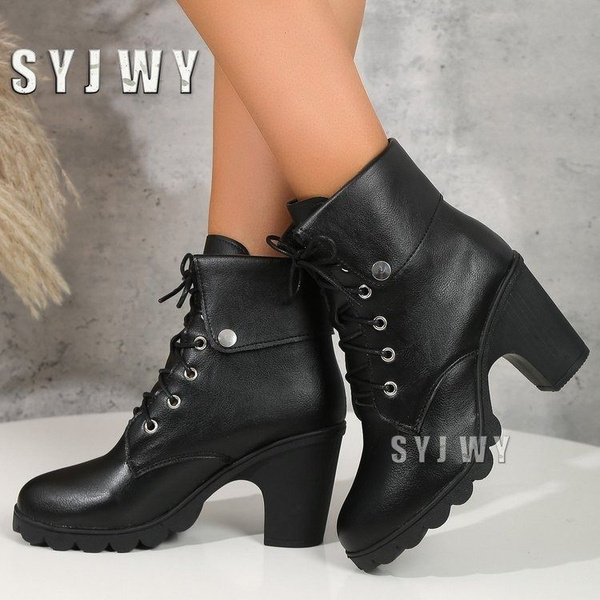 Ботинки Женский SYJWY черный матовый, размер 35 Демисезон R (средняя) Молния Каблук + платформа ...