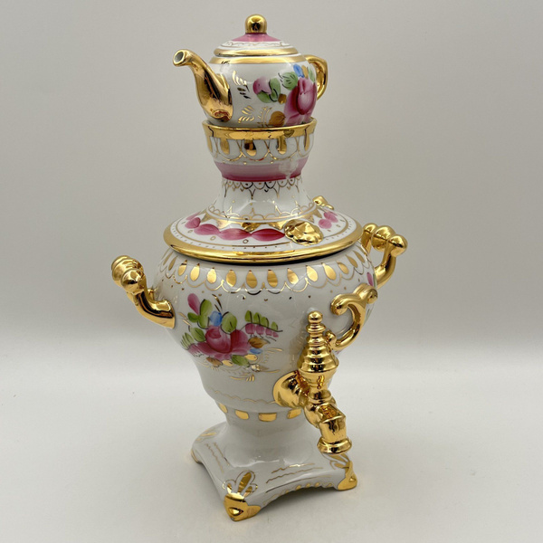 Статуэтка винтажная Самовар с заварочным чайником, фарфор, роспись, золочение, Объединение Гжель ...