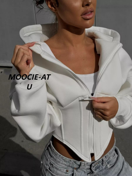 Худи Женский MOOCIE белый Молния Нейлон, Полиэстер, размер 44, 42 облегающий Длинный Однотонный ...