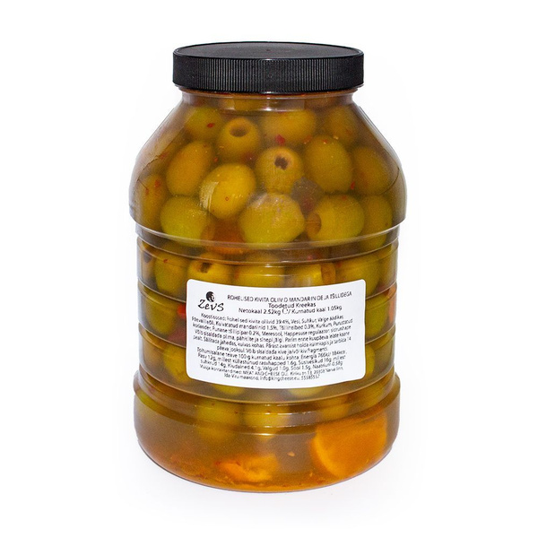 Оливки зеленые без косточек в маринаде с танжерином и перцем чили, ZEVS, 2,52 кг/1,05 кг (пл/б ...