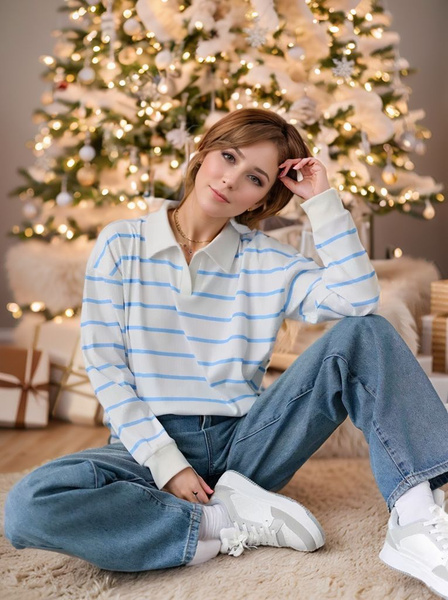 Лонгслив Женский MYCODE белый, голубой Длинный, размер 50, 52 Хлопок, Полиэстер В рубчик ...