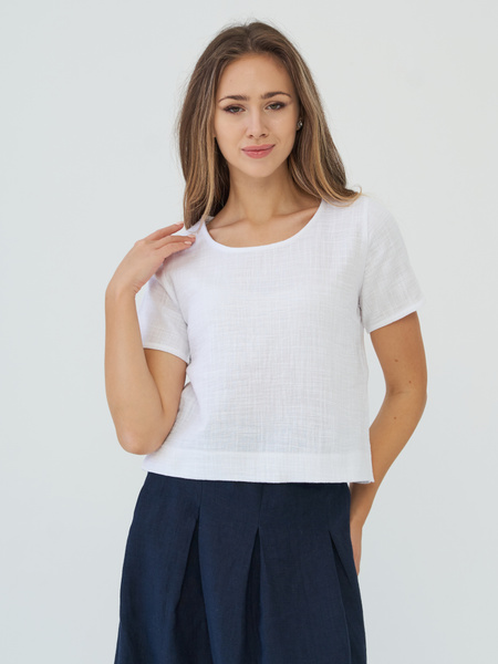 Блузка Женский TRANGO белый Муслин Короткий Однотонный, размер 54 свободный Без застежки ...