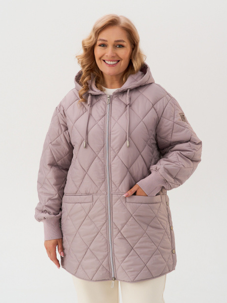 Куртка Женский Elfina Карманы пудровый Полиэстер, размер 54 Длинный Демисезон прямой Синтепон ...