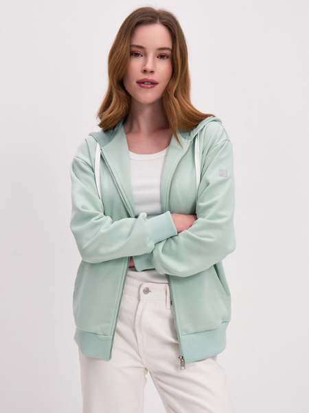 Толстовка Женский Avese Капюшон, Карманы зеленый Молния Футер трехнитка, размер 54 оверсайз ...