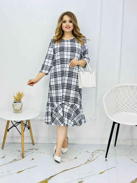 Платье Женский Assorti-moda черный, белый прямое Повседневный Средний Трикотаж, размер 68 Без ...