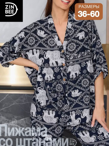 Пижама Женский ZinBee Вискоза, размер 48, 50 Разноцветный, Цветочный ежевичный Три четверти ...
