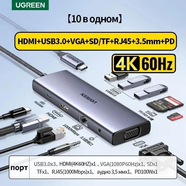 USB-Концентратор CM498 10-in-1 (25043), 4K(60HZ) HDMI, VGA, RJ45, USB 3 ...