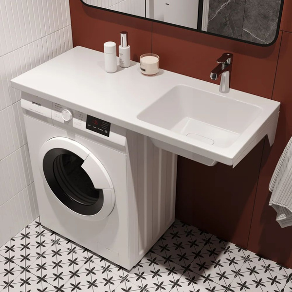 Раковина над стиральной машиной STWORKI Мальмё 100 правая прямоугольная, белая, с левым крылом ...