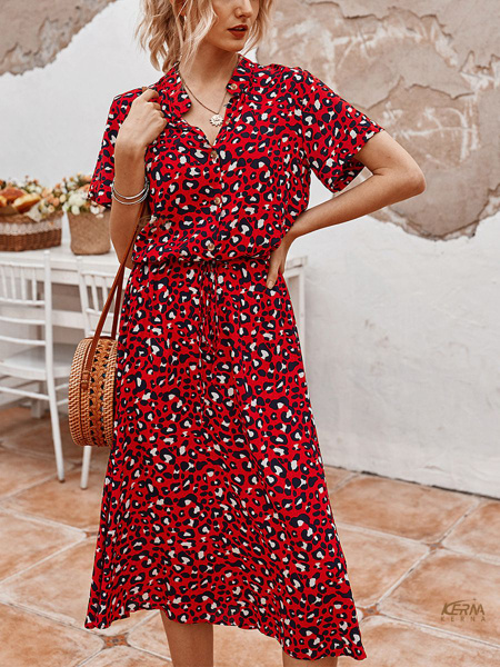 Платье Женский KERNA красный, леопардовый Пляжный Короткий Лавсан Воротник, Шнуровка, размер 48 ...