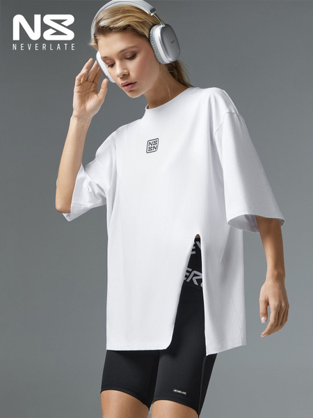 Футболка Женский NEVERLATE белый Короткий, размер 46, 48 Трикотаж Надписи оверсайз Повседневный ...