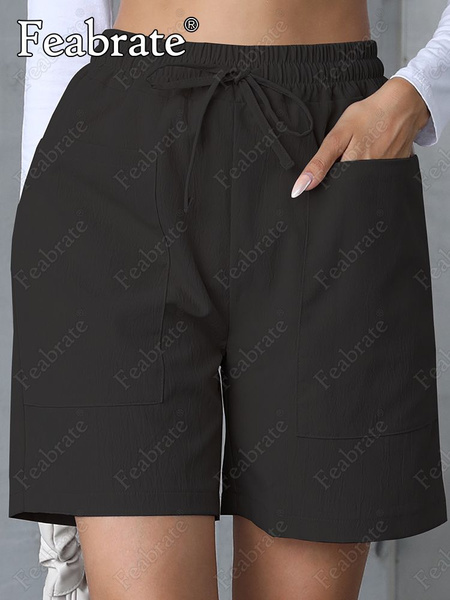 Шорты Женский Feabrate Повседневный черный, размер 44 Полиэстер, Спандекс Эластичная Карманы ...