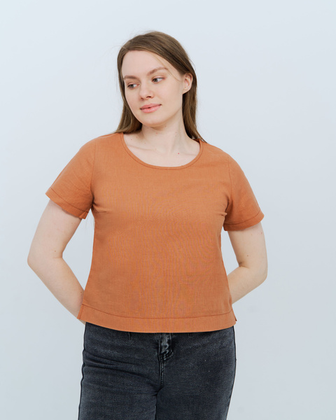 Блузка Женский TRANGO терракотовый Лен Короткий Однотонный, размер 50 свободный Без застежки ...