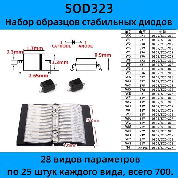 SOD323 Набор образцов стабильных диодов в упаковке, 28 видов, по 25 ...