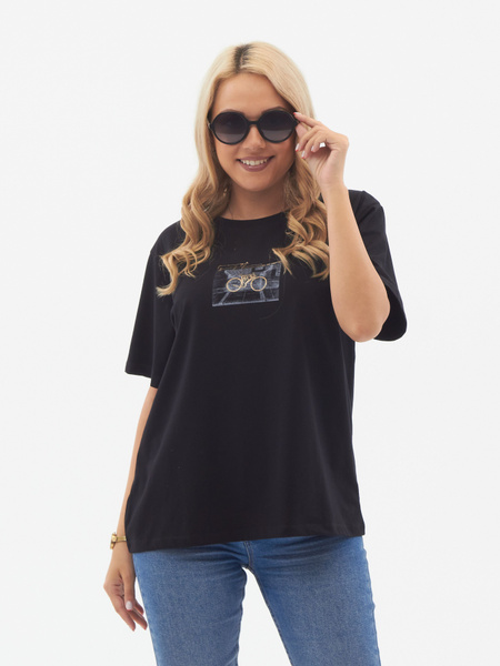 Блузка Женский TARUTI черный Хлопок Вышивка Короткий Однотонный, Буквы ...