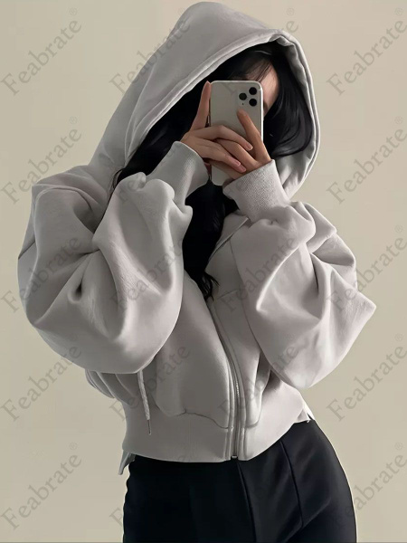 Толстовка Женский Feabrate светло-серый Молния Полиэстер, размер 42 Длинный Китай купить c ...